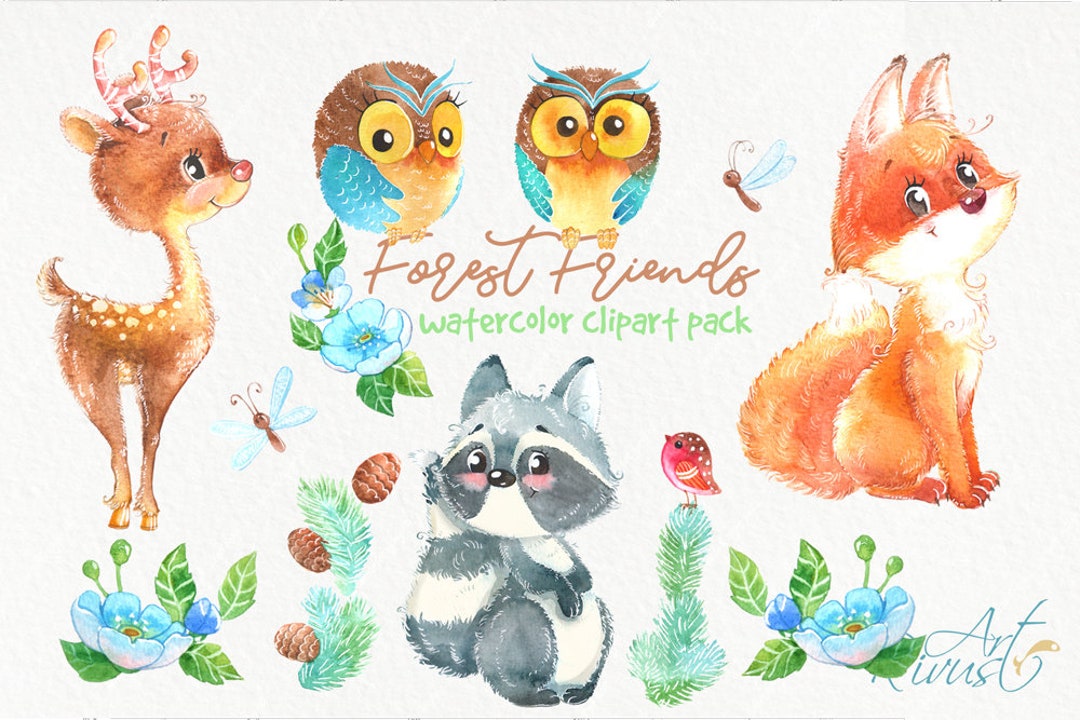 Forest Animals Watercolor Clipart Pack. Woodland Baby Animal Clip Art ...