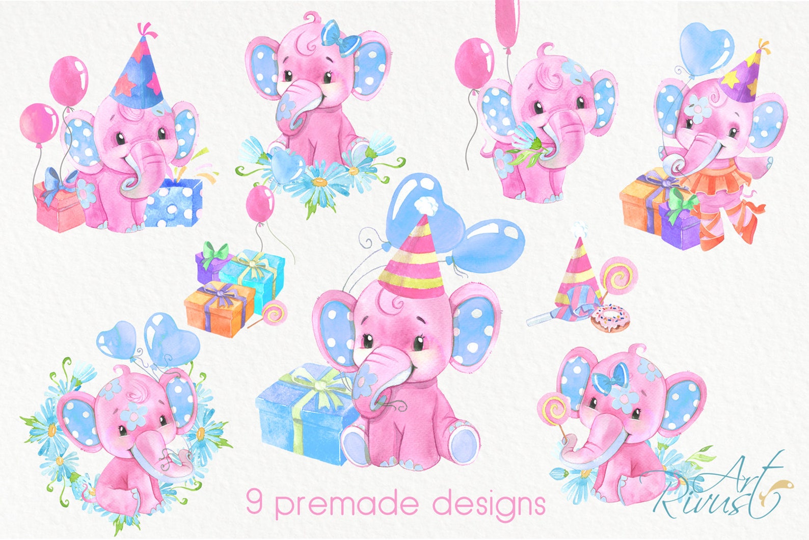 Birthday Baby Elephants PNG Watercolor Clipart for Girls. Hot | Etsy