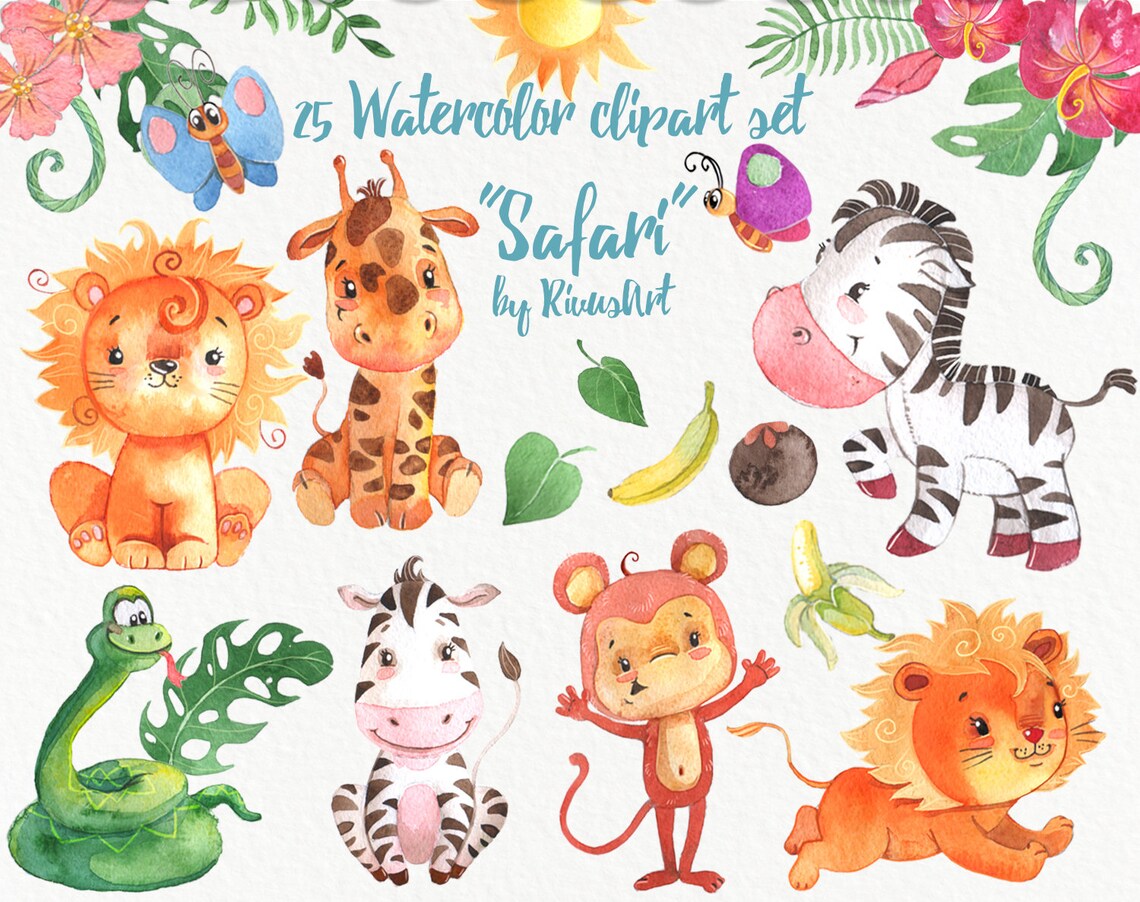 African Animals Clipart Safari Clip Art. Watercolor Cute - Etsy