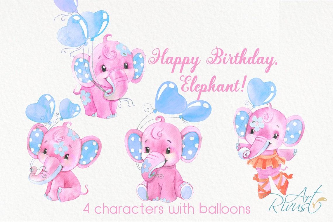 Birthday Baby Elephants PNG Watercolor Clipart for Girls. Hot | Etsy