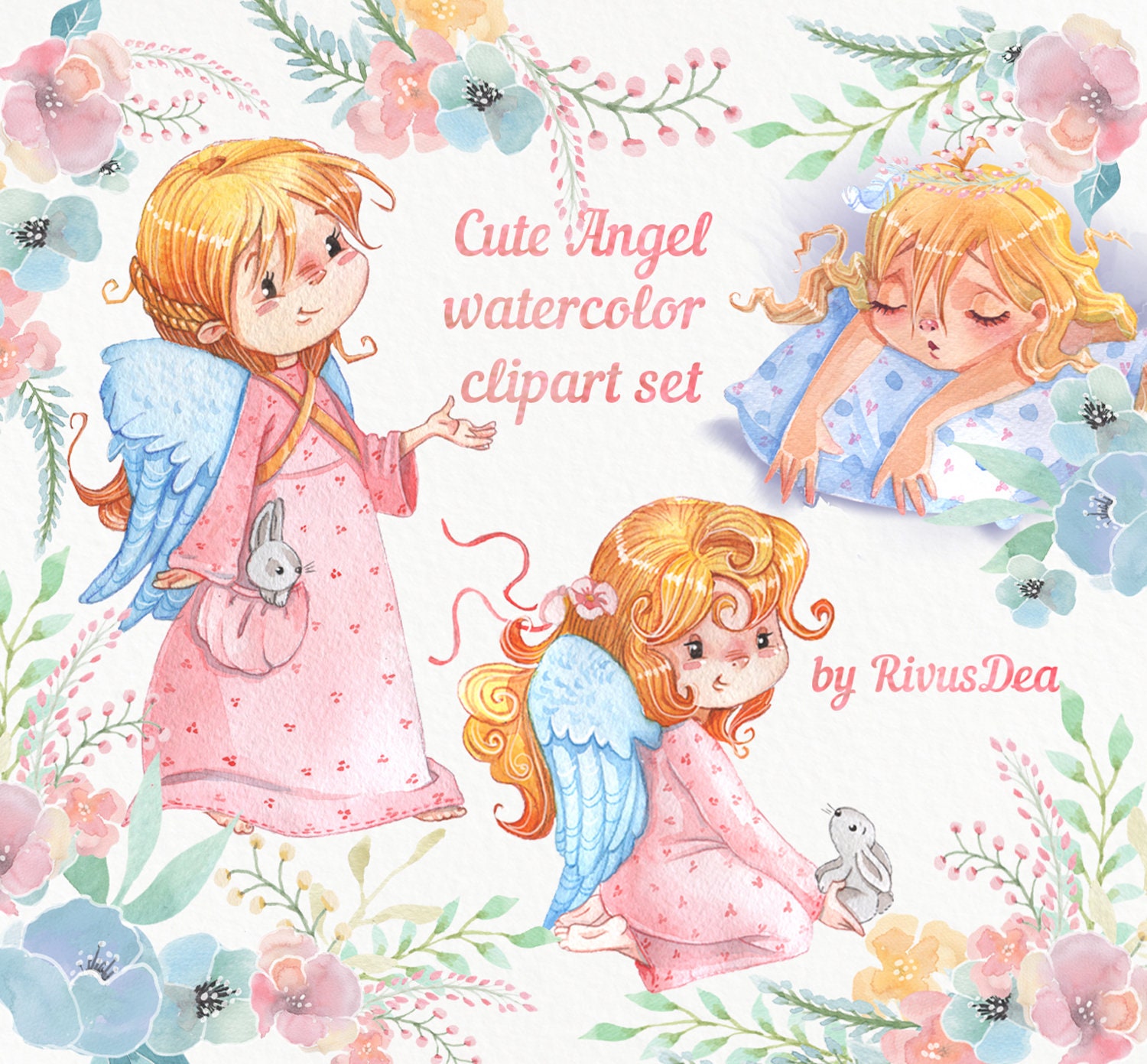 Watercolor Angels Clipart Bunny Clip Art Christmas Clipart - Etsy