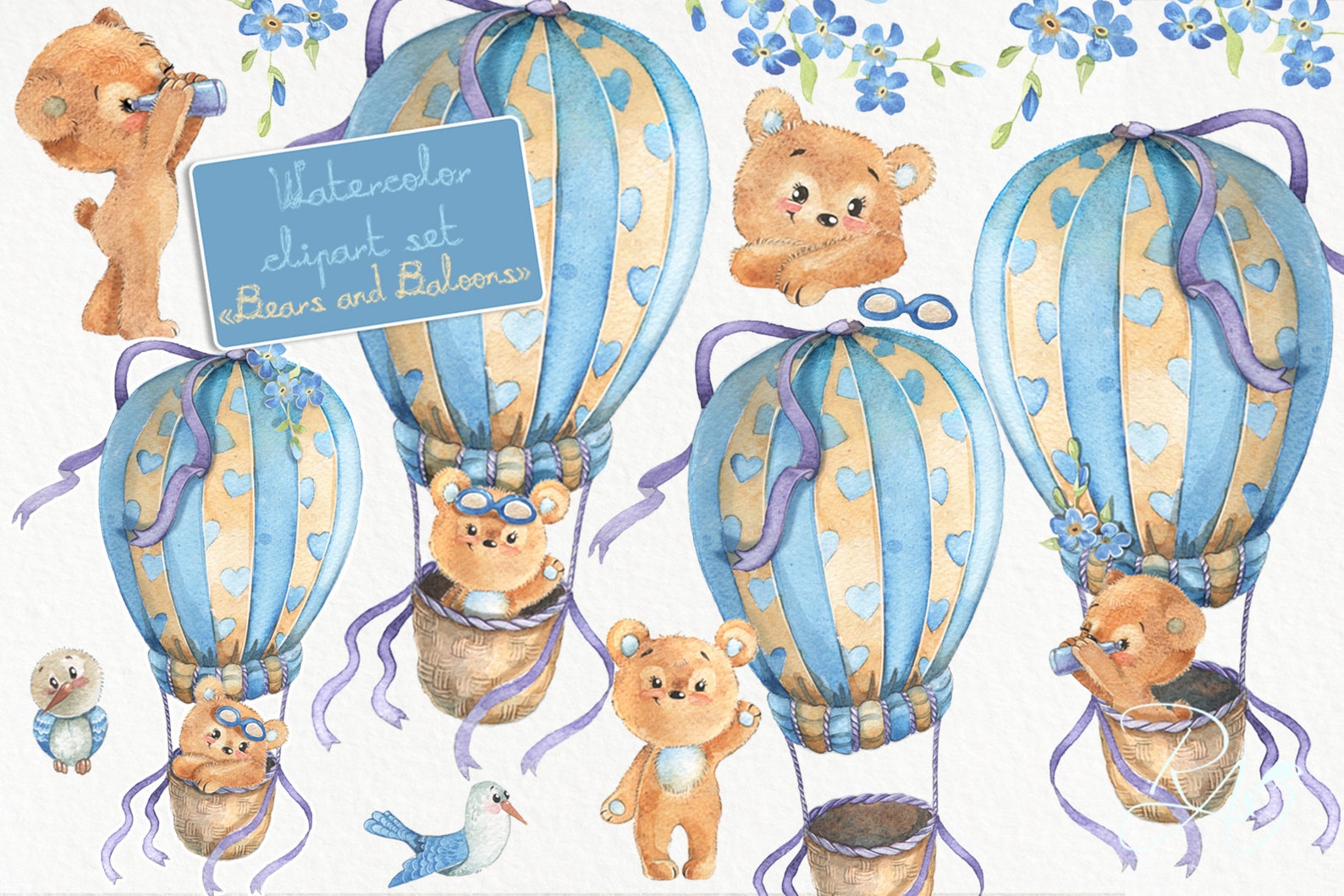 Hot Air Balloons Clipart Cute Watercolor Teddy Bear Clip Art - Etsy