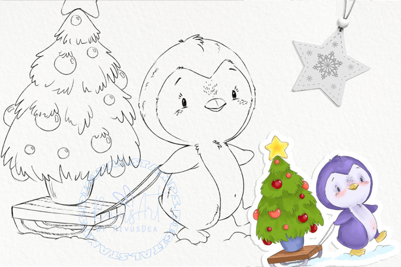 Christmas Digital Stamp Cute Penguin With Christmas Tree. | Etsy