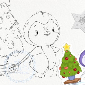 Christmas Digital Stamp Cute Penguin With Christmas Tree. - Etsy