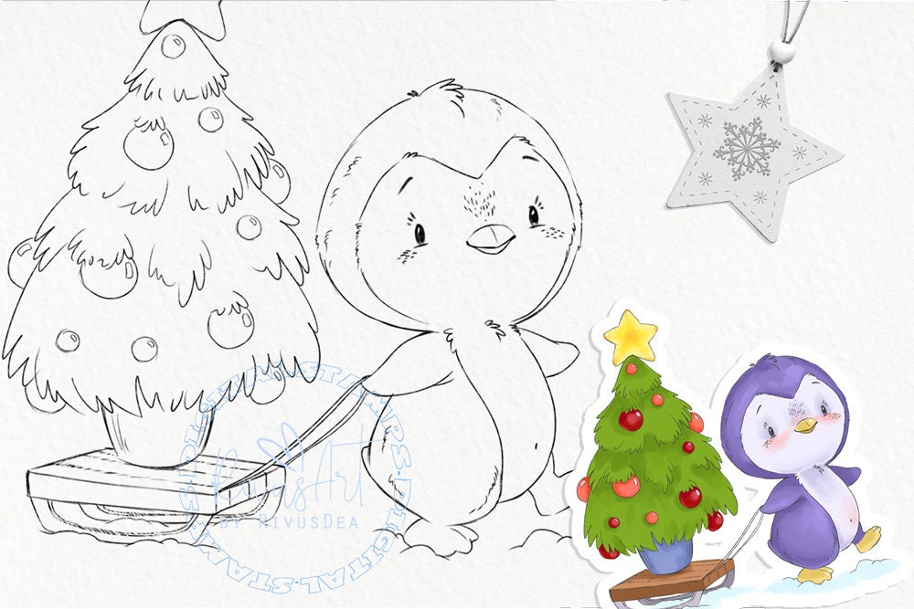 Christmas Digital Stamp Cute Penguin With Christmas Tree. - Etsy
