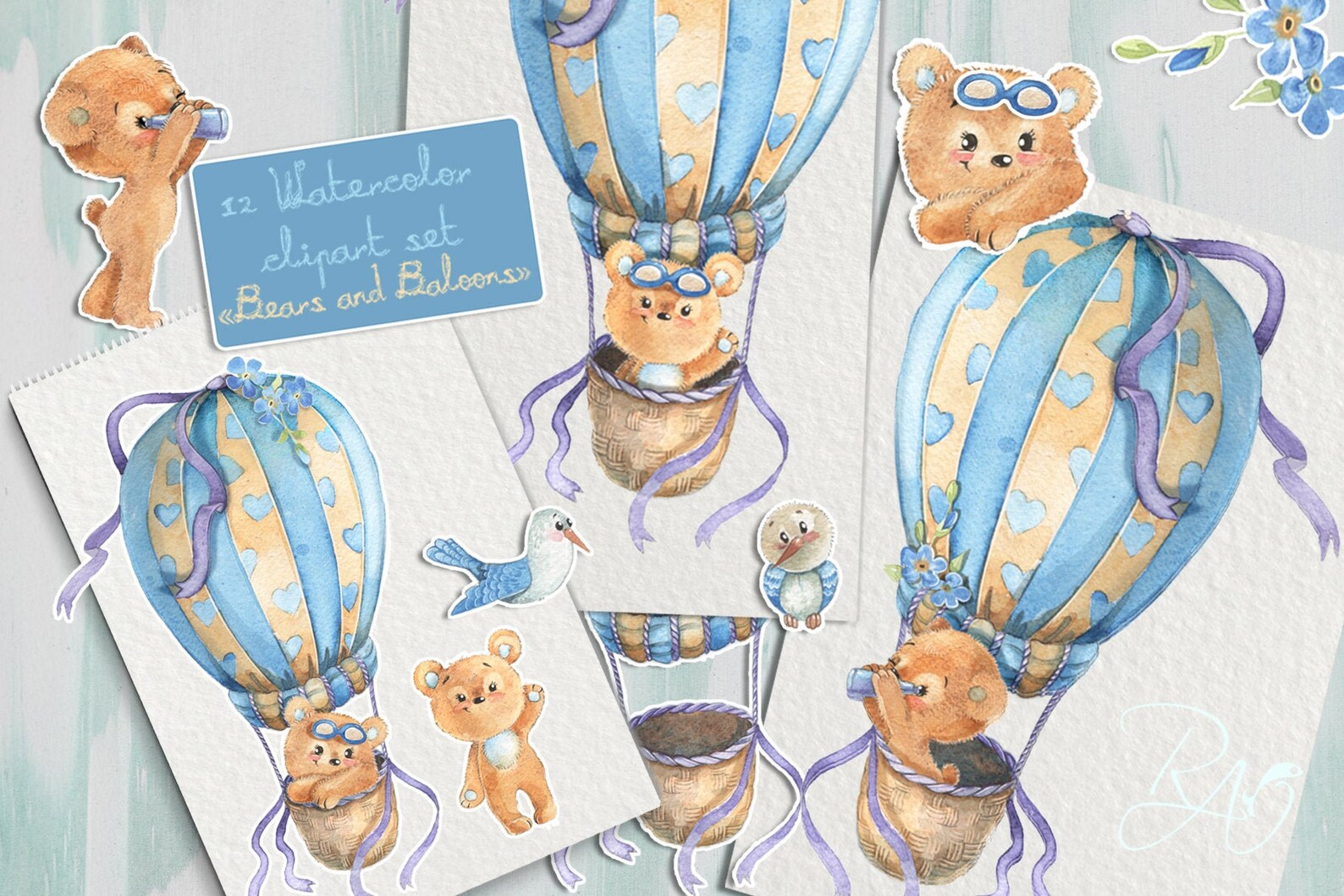 Hot Air Balloons Clipart Cute Watercolor Teddy Bear Clip Art - Etsy