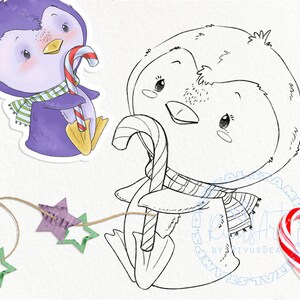 Christmas Digital Stamp Cute Penguin With Christmas Tree. | Etsy