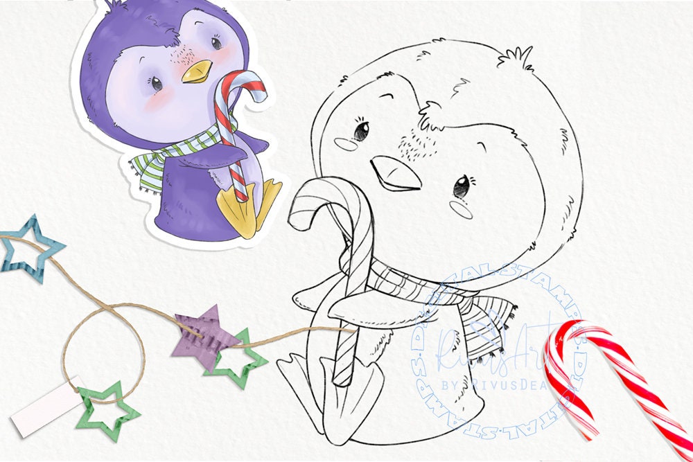 Christmas Digital Stamp Cute Penguin With Christmas Tree. - Etsy