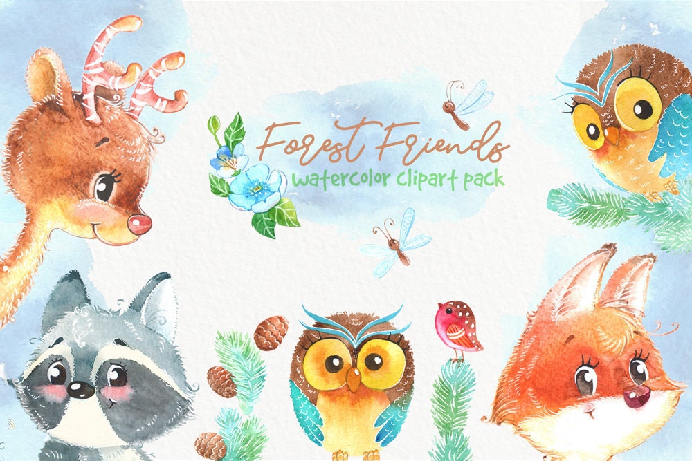 Forest animals watercolor clipart pack. Woodland baby animal | Etsy