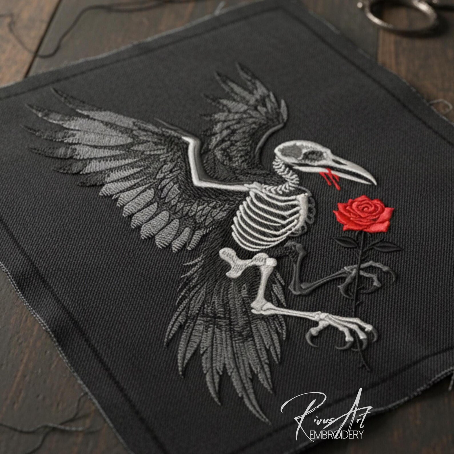 Punk Gothic Crow Skeleton Embroidery Designs File, Raven With Red Rose ...