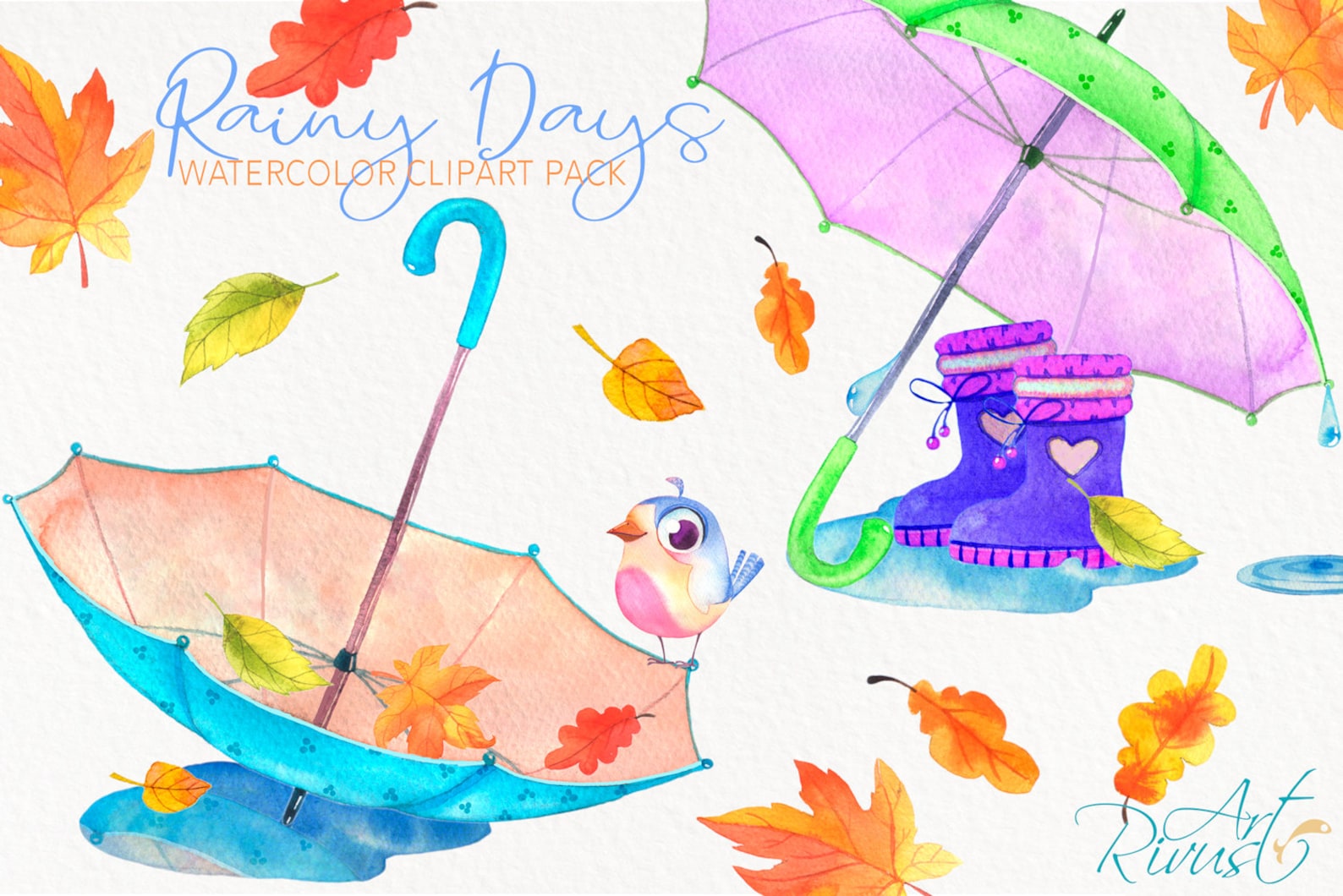 Cute Fall umbrella clipart watercolor umbrella with raindrops | Etsy