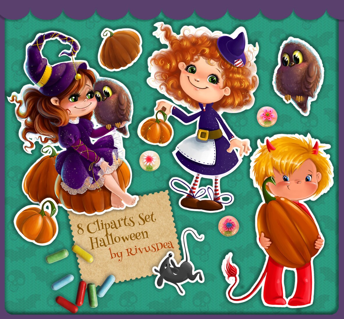 Halloween clipart pack. Cute little witch clip art. Owl | Etsy