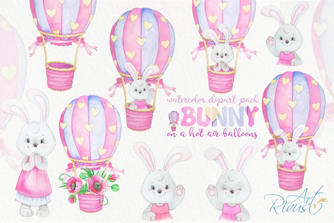 Hot Air Balloons Clipart PNG. Cute Watercolor Bunny Clip Art. | Etsy