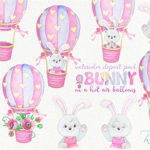 Hot Air Balloons Clipart PNG. Cute Watercolor Bunny Clip Art. Gentle ...