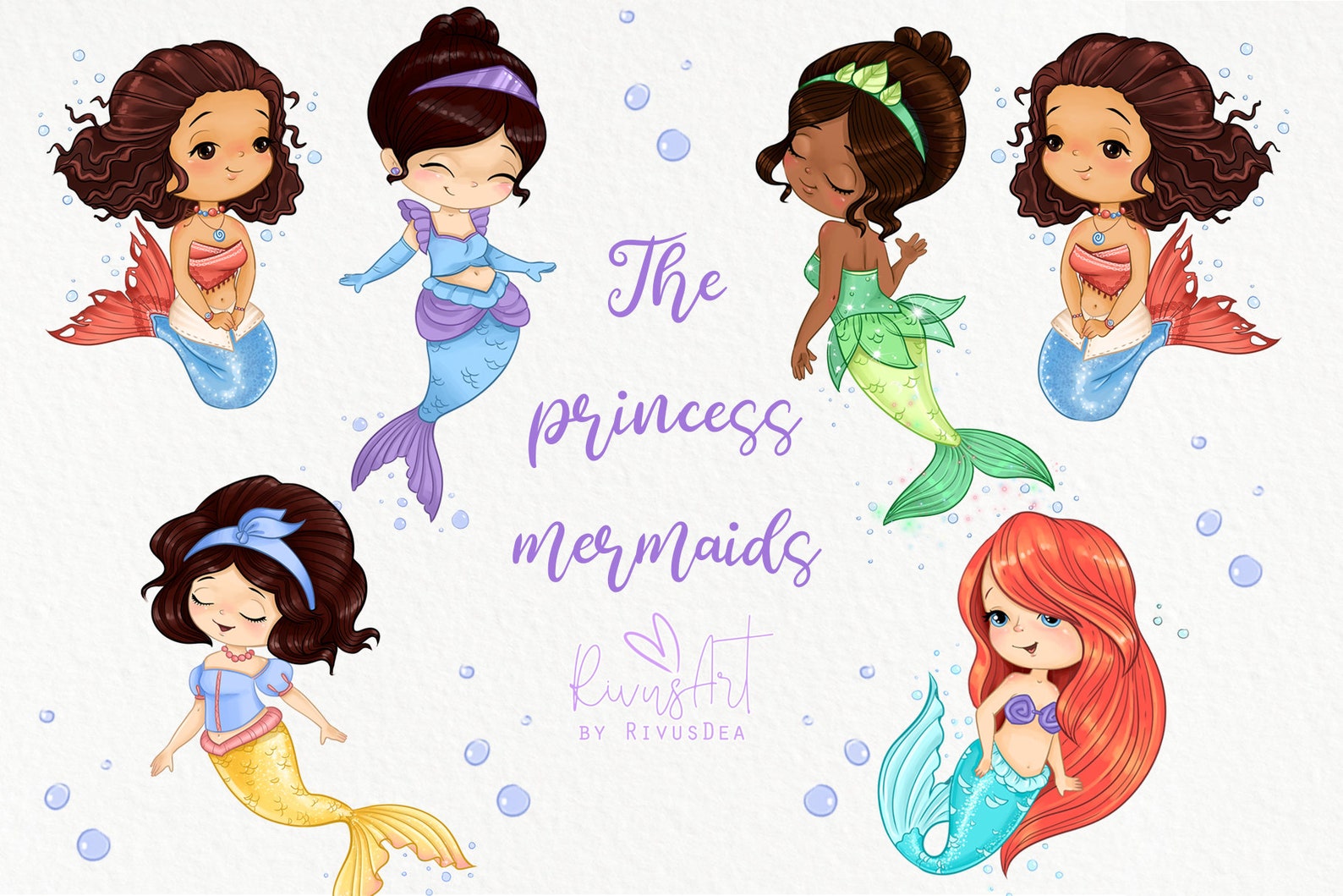 Cute Little Princess Mermaids PNG Clipart Set. Commercial Use. - Etsy