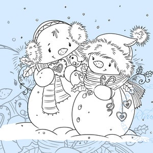 Christmas Digital Stamp Cute Snowmans Download. Digi Stamp, Coloring ...