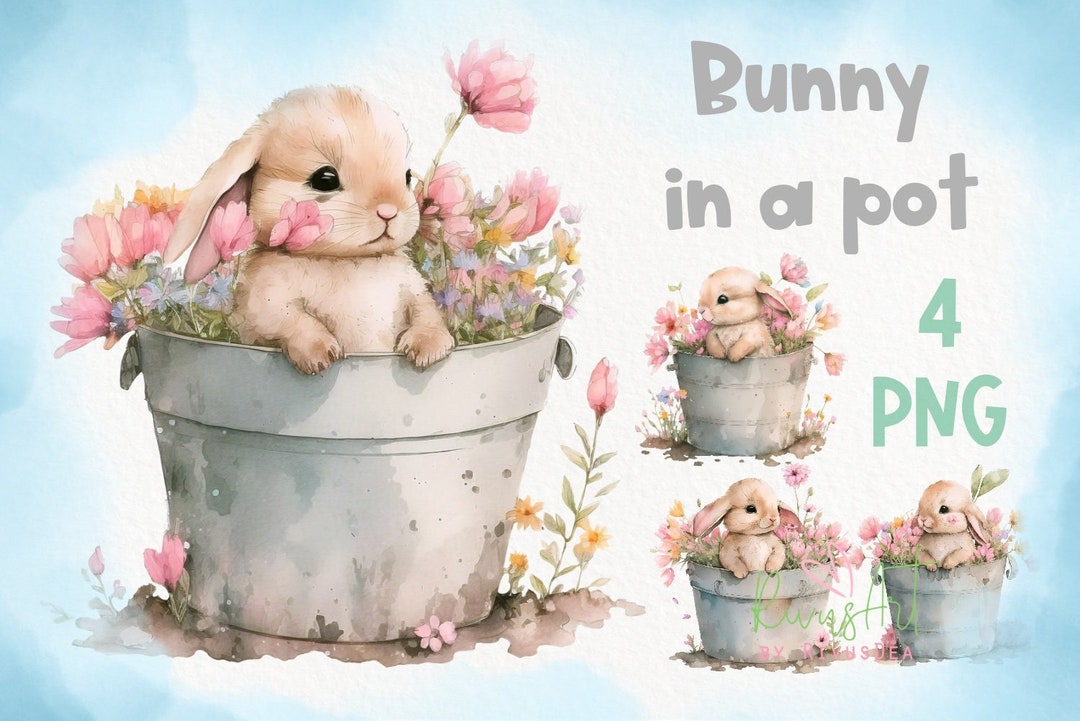 Bunny in the Flower Pot Clipart, Watercolor Bunny, Clip Art for Girls ...