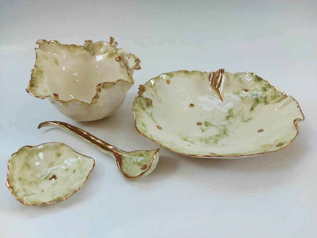 Forest Green Ceramic Set, Dinnerware Set, 4 Pieces of Porcelain, Gold ...