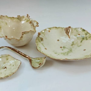 Forest Green Ceramic Set, Dinnerware Set, 4 Pieces of Porcelain, Gold ...