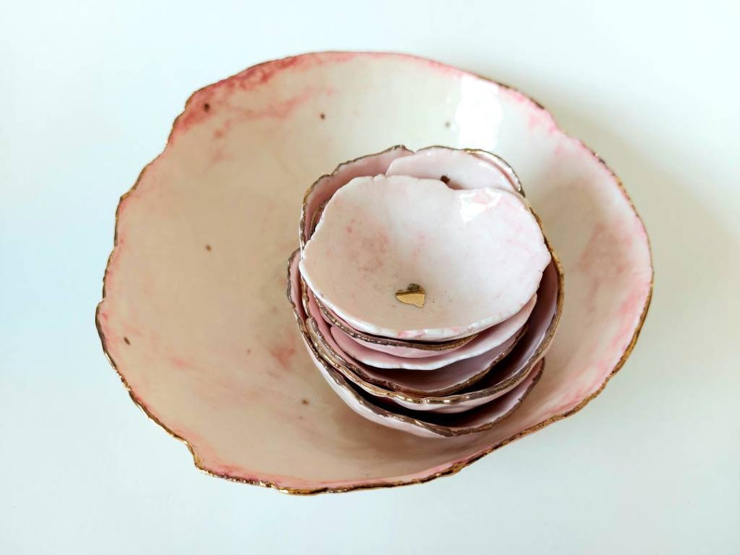 Pink Porcelain Set, 7 Unique Ceramic Bowls, Gold Luster(24k), Ceramic ...