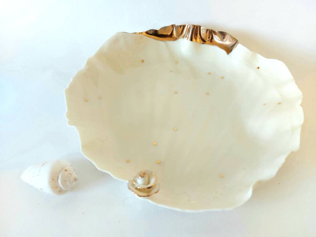 Shell Design Plate, Centerpiece Porcelain, Gold 24K, White Ceramic ...