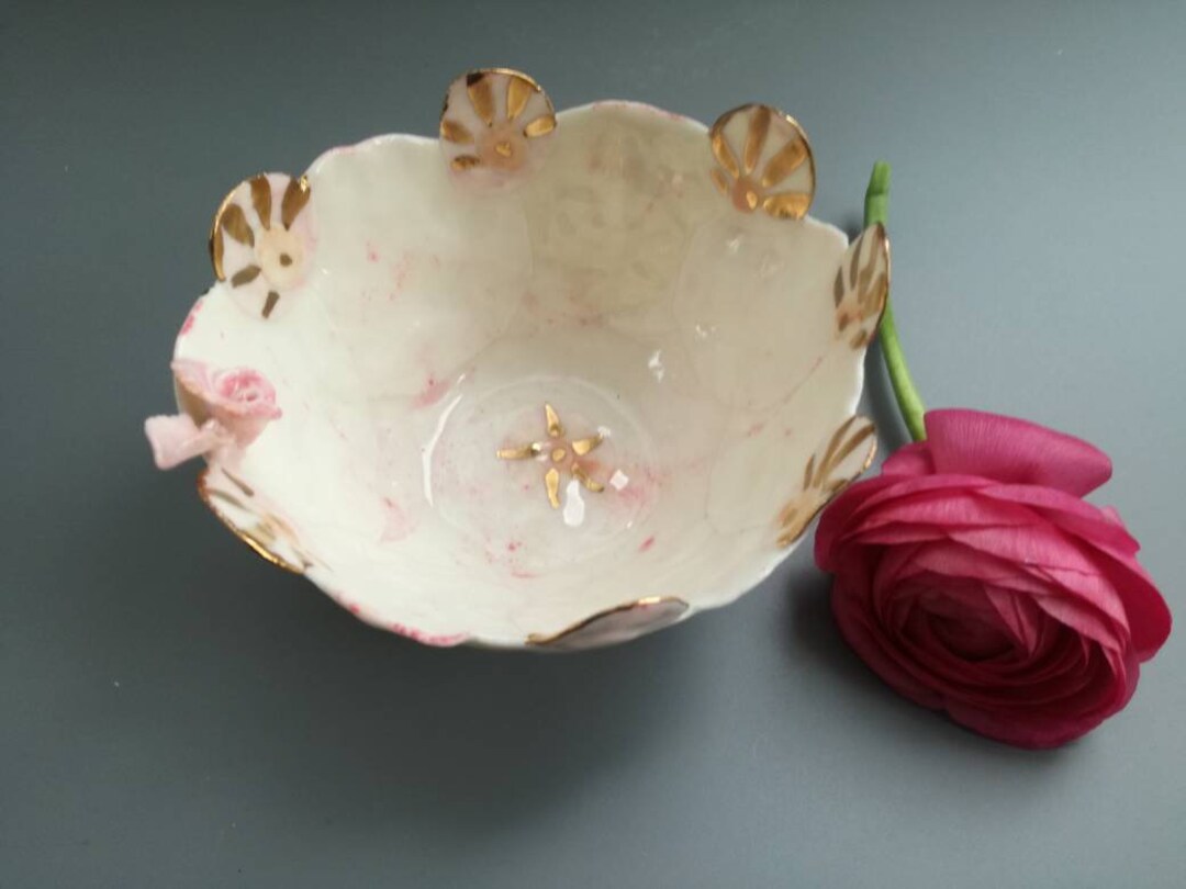 White and Light Pink Ceramic Bowl, Real Gold 24k Decor, Pink Flowers ...
