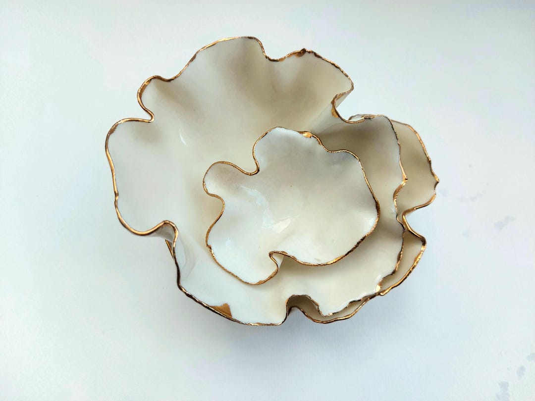 Set of 3 Handmade Small Bowls, Shell Design, REAL Gold 24k, Ceramic ...