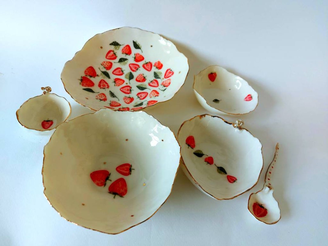 Strawberries Decorated Ceramic Set of 6, Gold Luster 24k, Porcelain ...