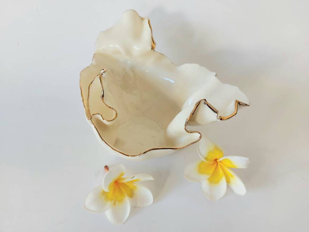 Ceramic Flower Design Bowl, White and Gold 24K, Organic Dinnerware ...