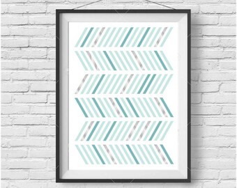 Teal Chevron Art Geometric Print Rose Gold Art Teal Print | Etsy