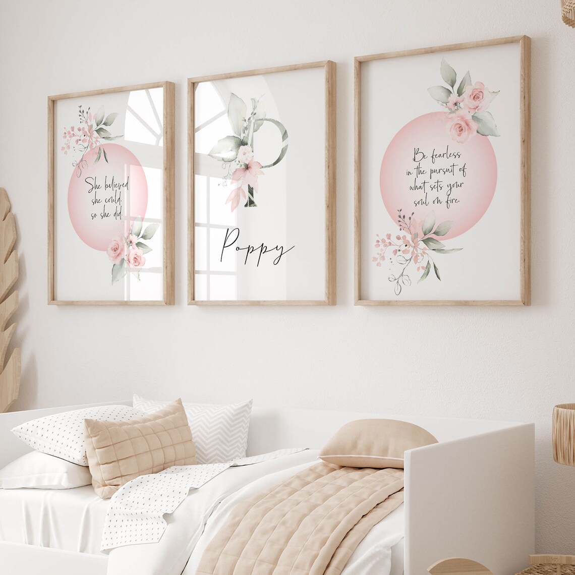 Personalised Printable Wall Art for Girls, Set of 3 Pink & Sage Green ...
