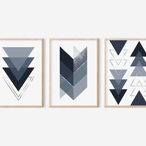 Set of 3 Printable Wall Art in Navy Blue & Silver, 3 Piece Gallery Wall ...