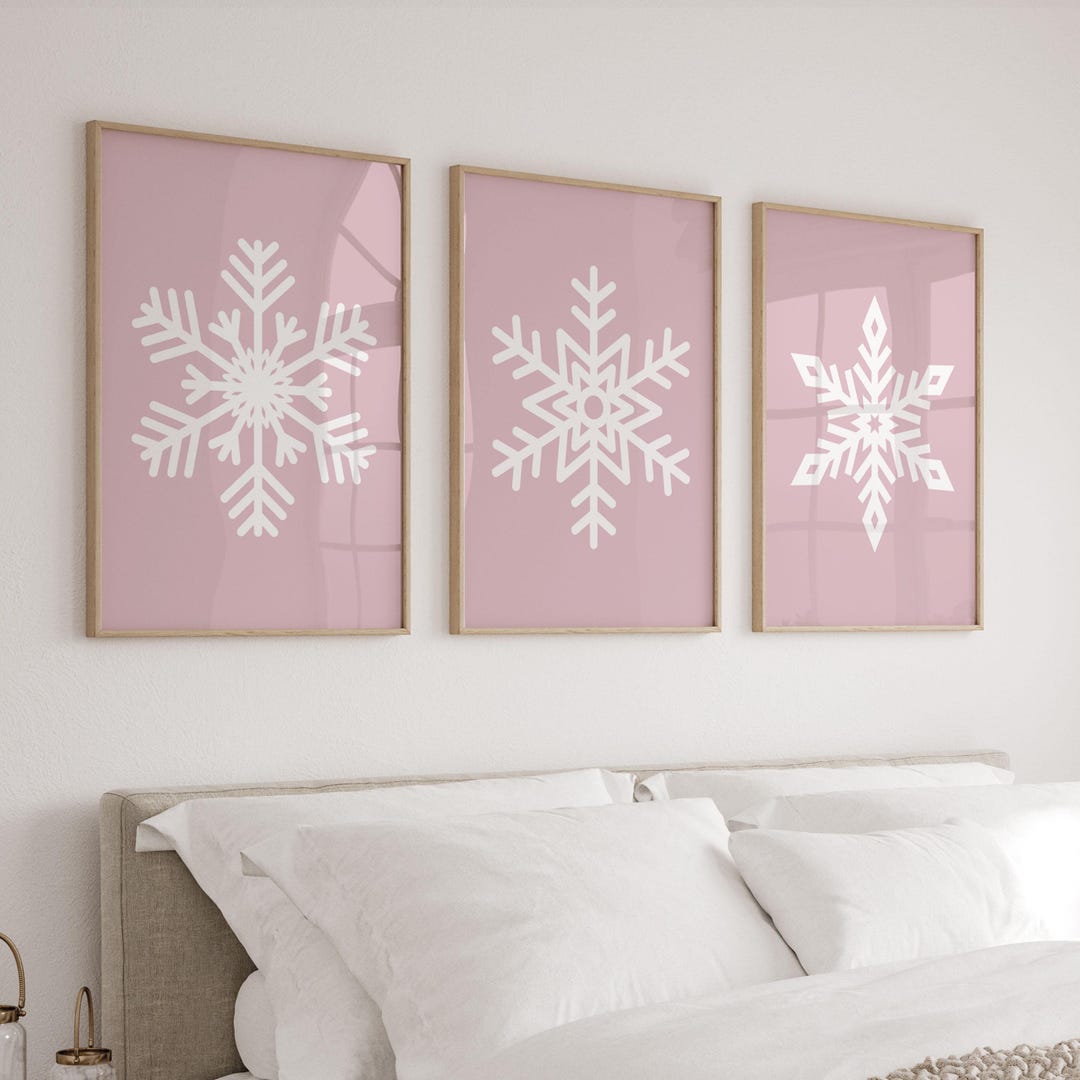 Set of 3 Winter Wall Art Digital Download, Dusty Pink Snowflake Prints ...