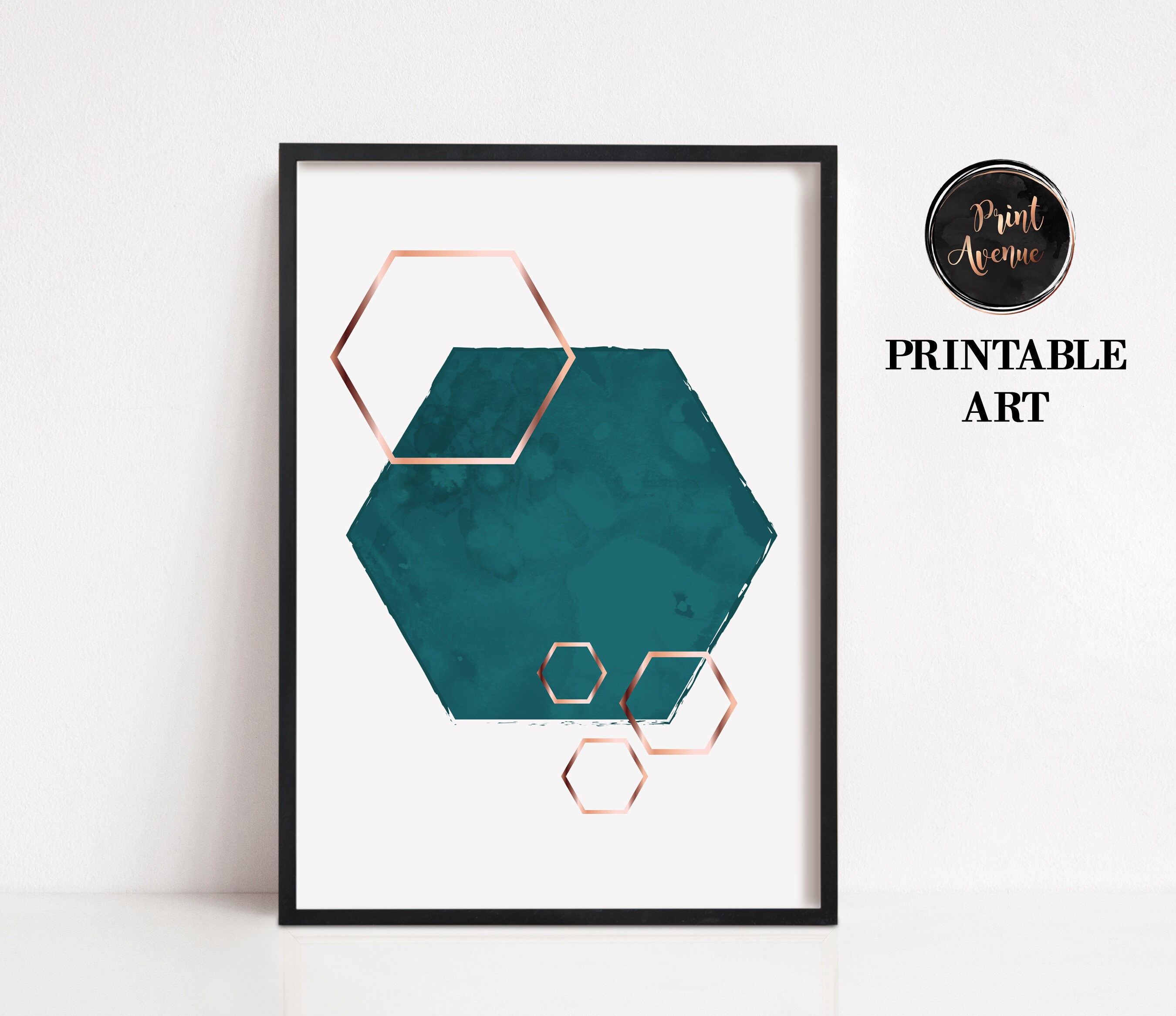 Teal Printable Art Hexagon Print Teal Print Gold Rose Art | Etsy