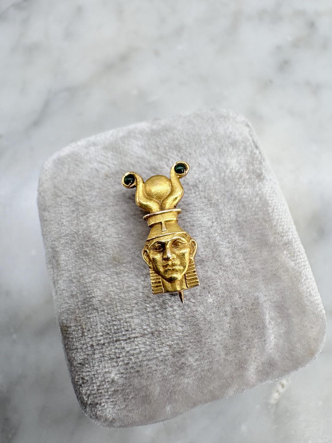 Art Deco 14k Gold Egyptian Revival Pharaoh Lapel Pin, Green Cabochons ...