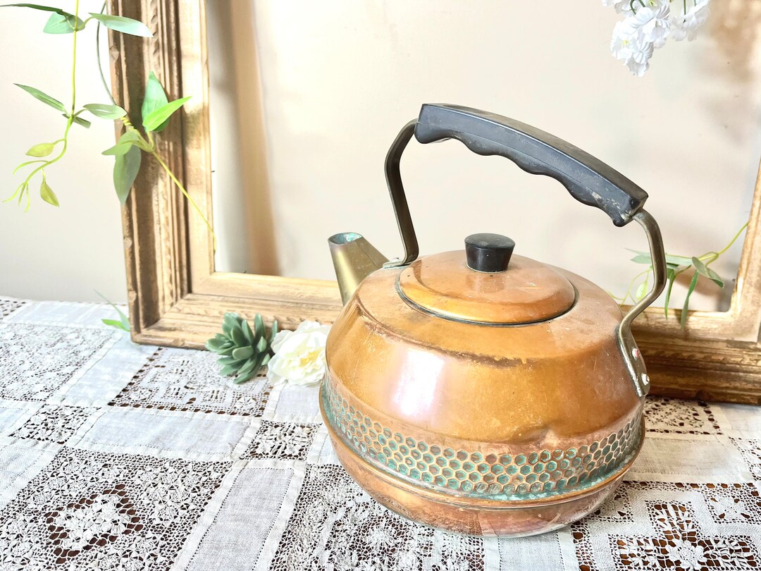 French Copper Brass Tea Coffee Water Pot Kettle Vintage Black Handle ...