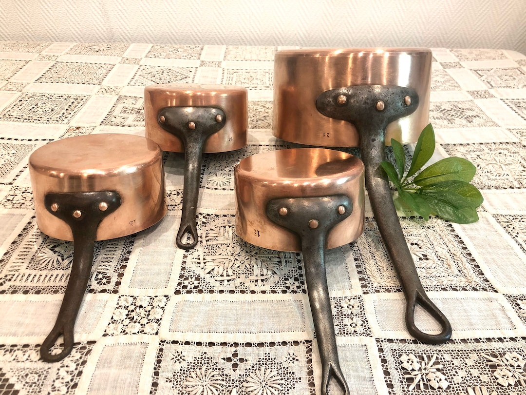4 French Antique Copper Cookware Chef Set Pan Stamped French Country ...