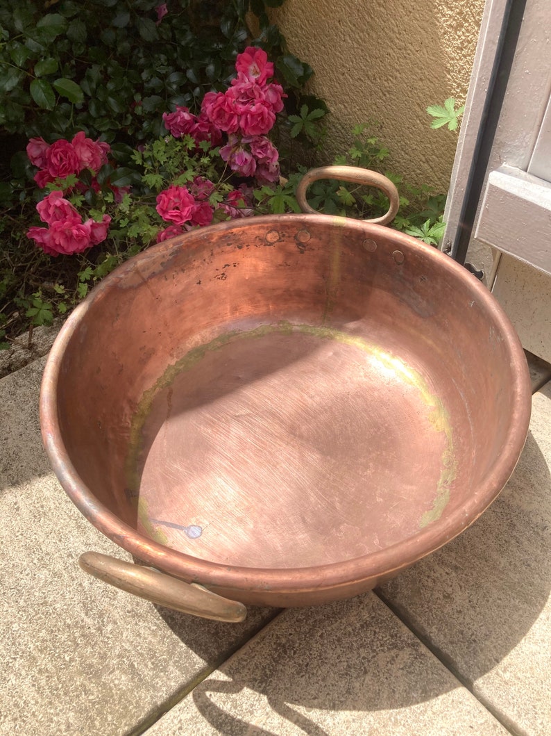 Large Antique Rolled Lip Copper Basin With Brass Handles 4 - Etsy