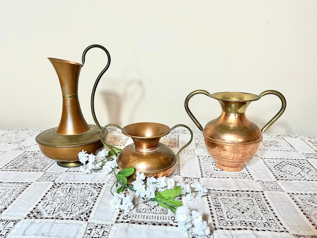 Copper Vase Planter Set Vintage Double Handles Pitcher CG Villedieu ...