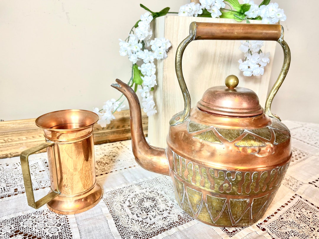 French Copper Brass Tea Coffee Water Pot Kettle Vintage Wood Handle ...