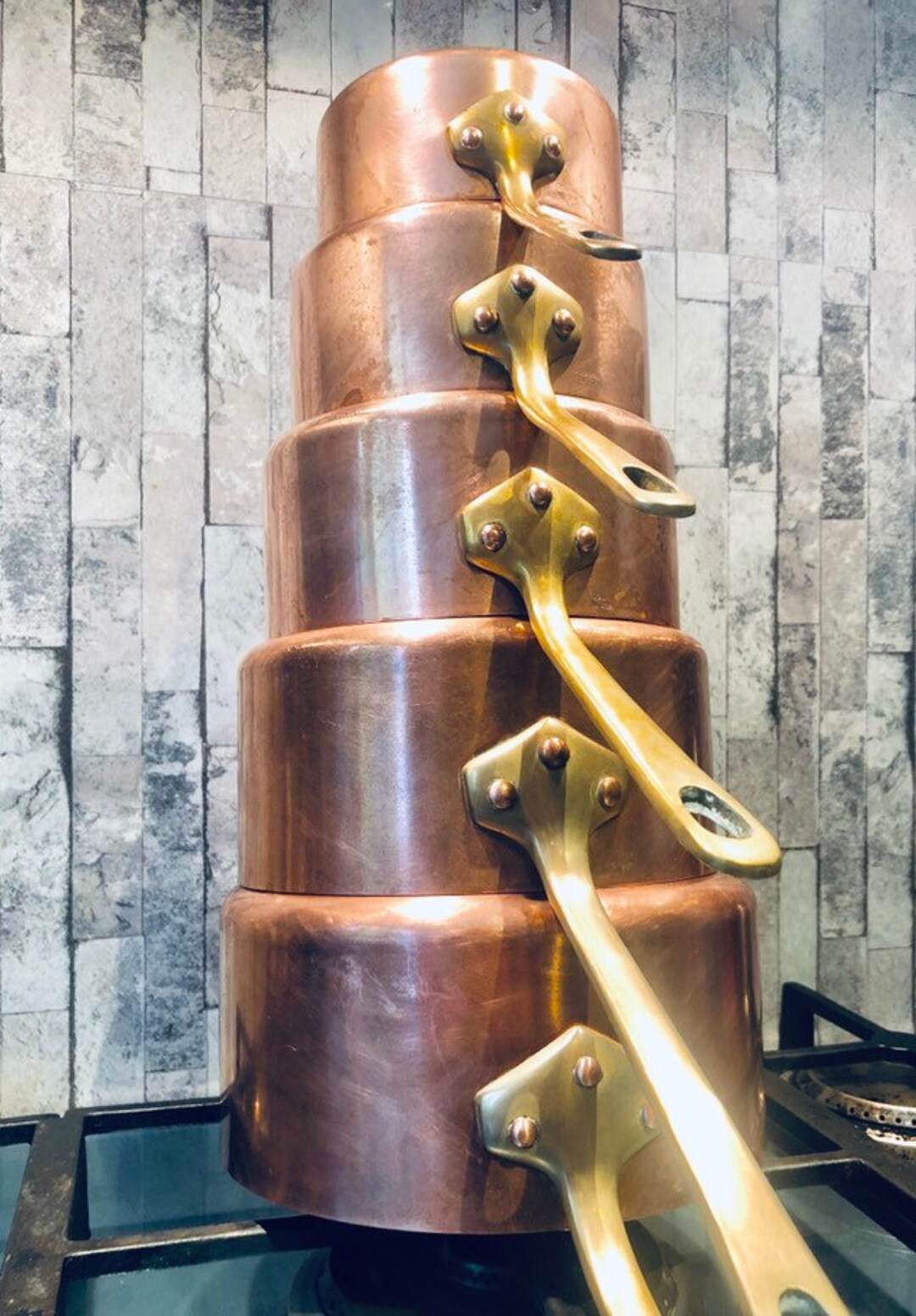 5 Piece Professional Copper and Brass Cookware Pan Set Stamped Paris ...