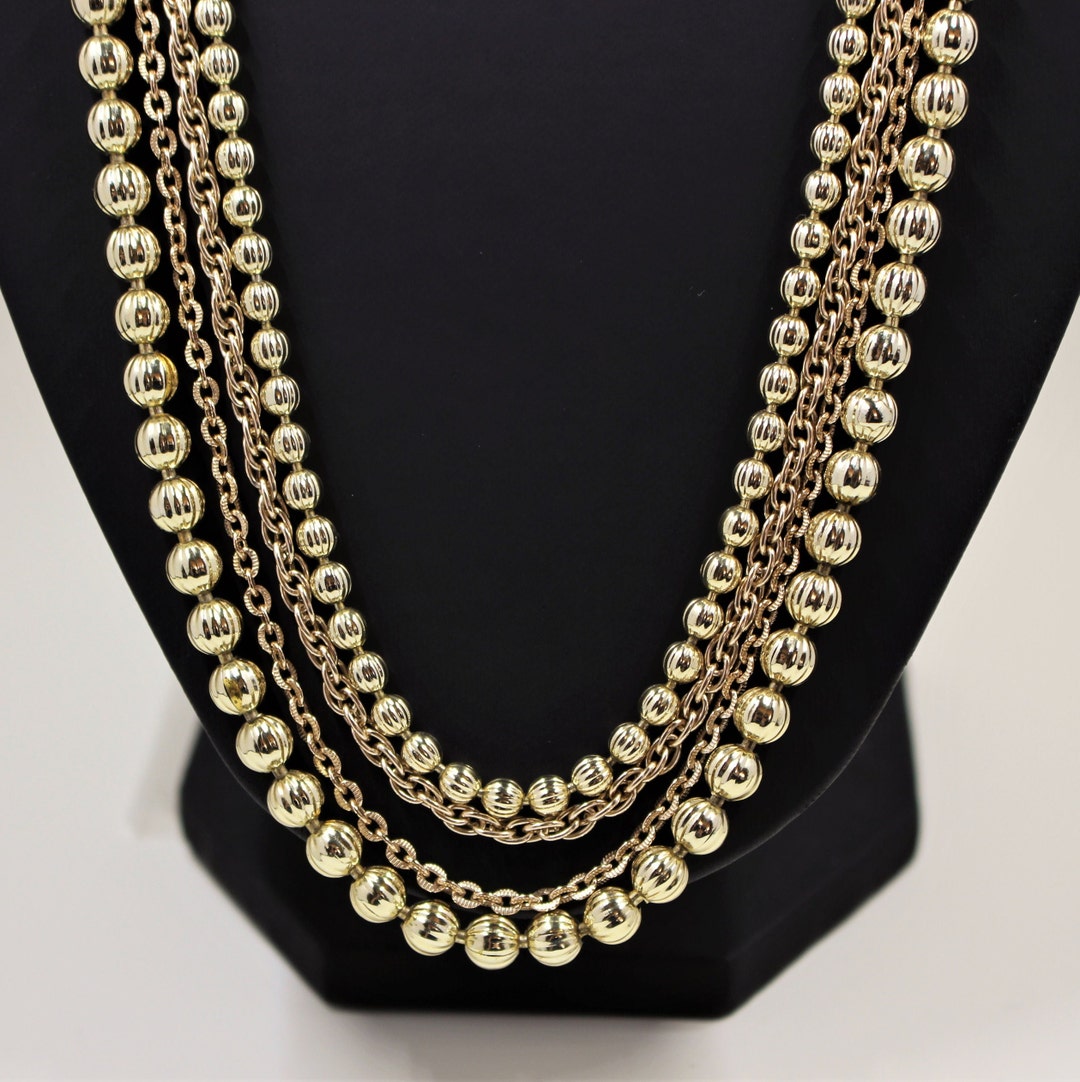 Vintage Coro Necklace Four Strand Mixed Chains Bright Gloss Gold Tone ...