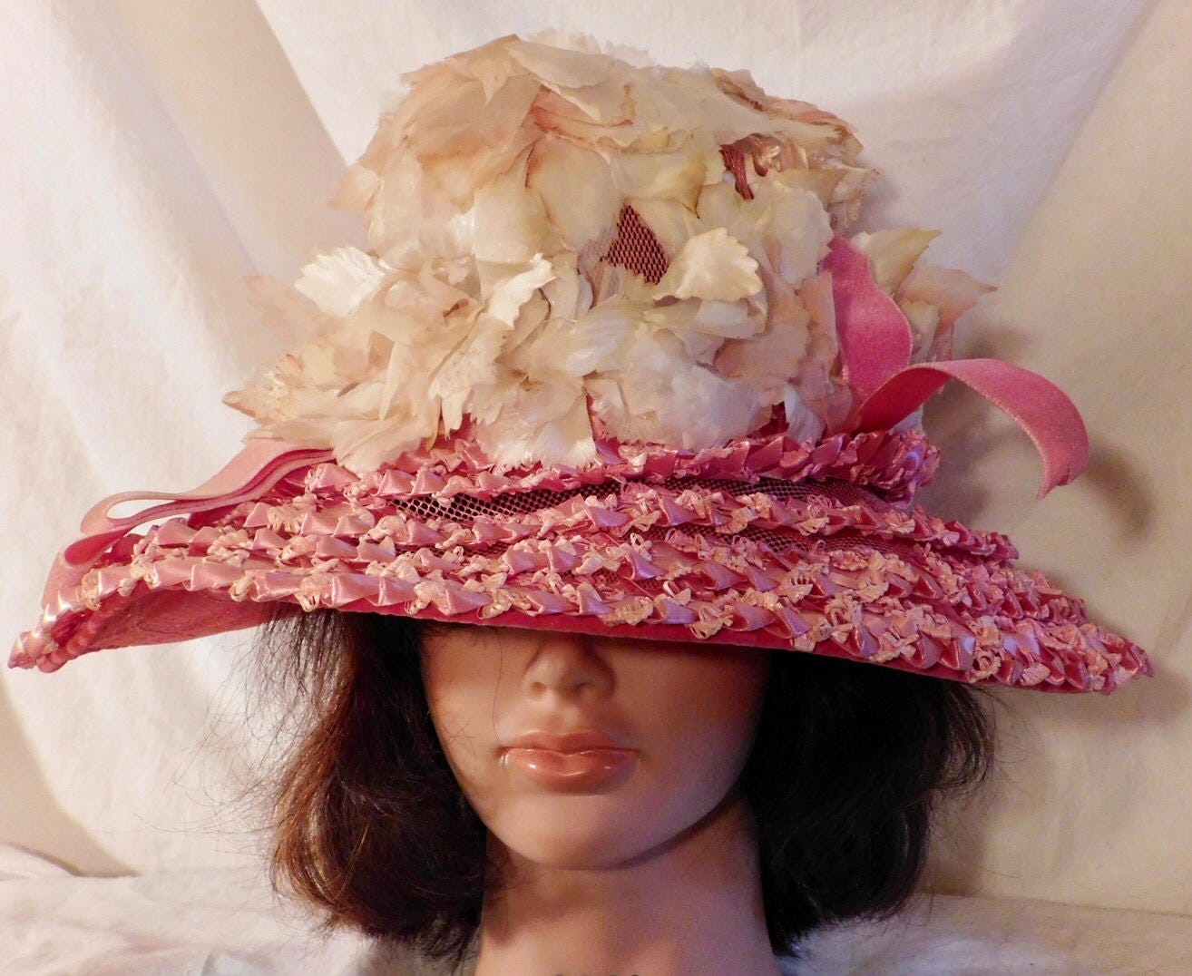 Miss Kathy New York Vintage Floral Hat Four Tiered Pink Raffia Brim ...