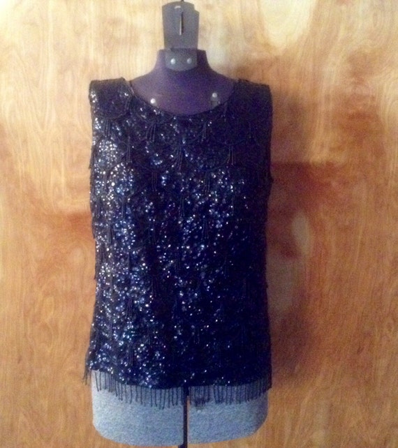 Vintage Sequin Shell Black Beaded Sequin Top by Stephen Chu - Etsy