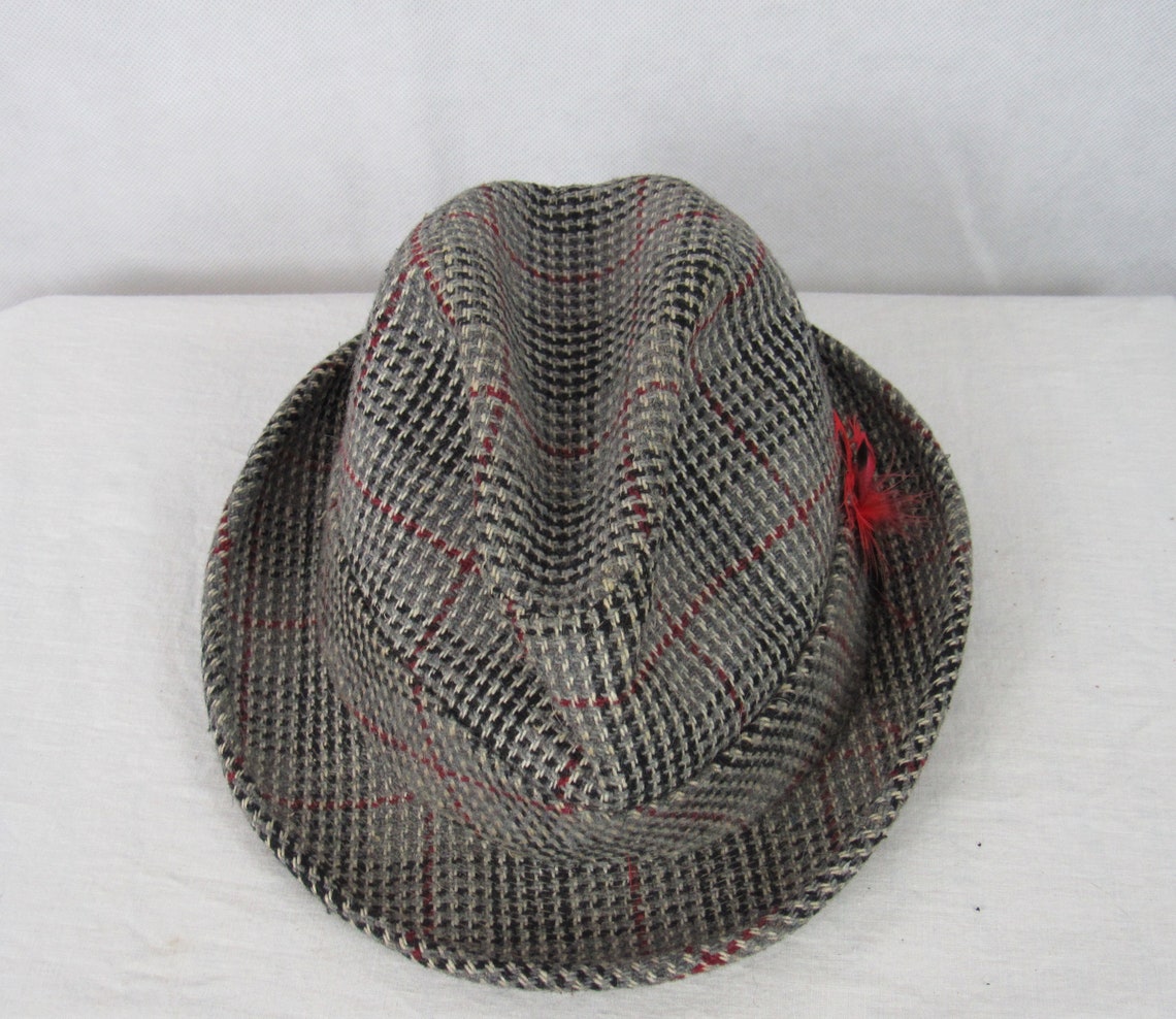 Vintage Tweed Fedora Gray Fedora Wool Fedora Red Feather Mens - Etsy
