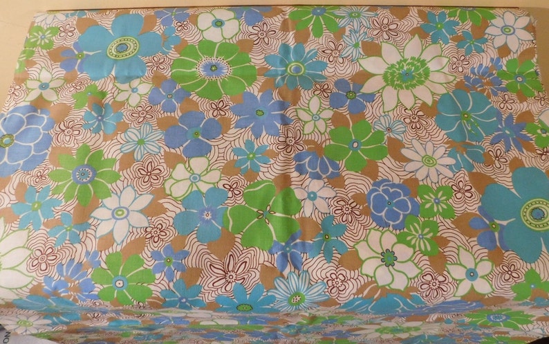 Vintage Fabric 1960s 1970s Retro Floral Fabric Blue Green - Etsy