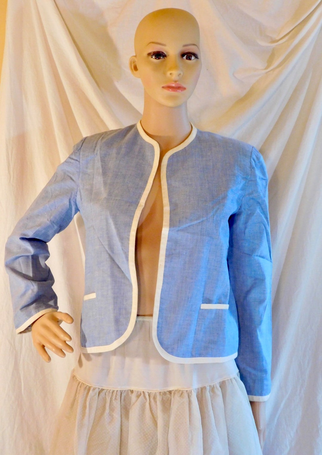 Vintage Blue Cotton Jacket Crop Jacket Blue White Piping Gentry Blue ...