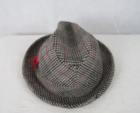 Vintage Tweed Fedora Gray Fedora Wool Fedora red Feat… - Gem
