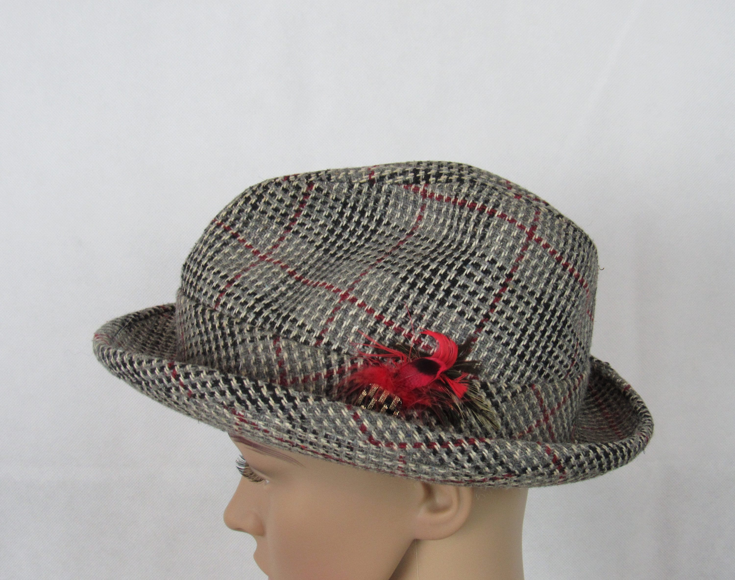 Vintage Tweed Fedora Gray Fedora Wool Fedora Red Feather Mens - Etsy
