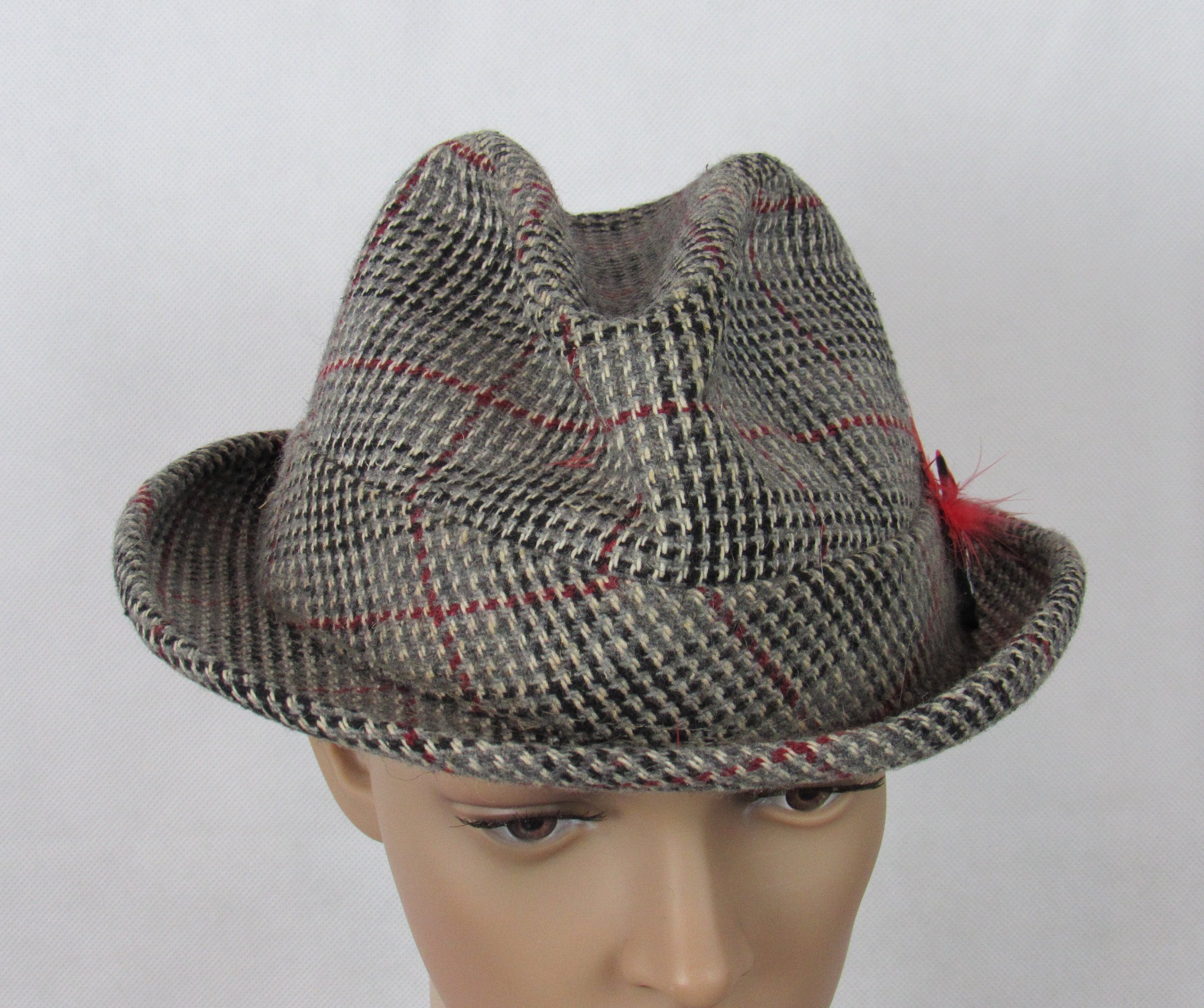 Vintage Tweed Fedora Gray Fedora Wool Fedora Red Feather Mens - Etsy